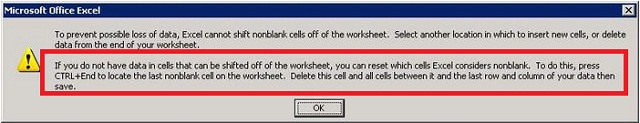 Error On Inserting Rows And Columns In Microsoft Excel 2007