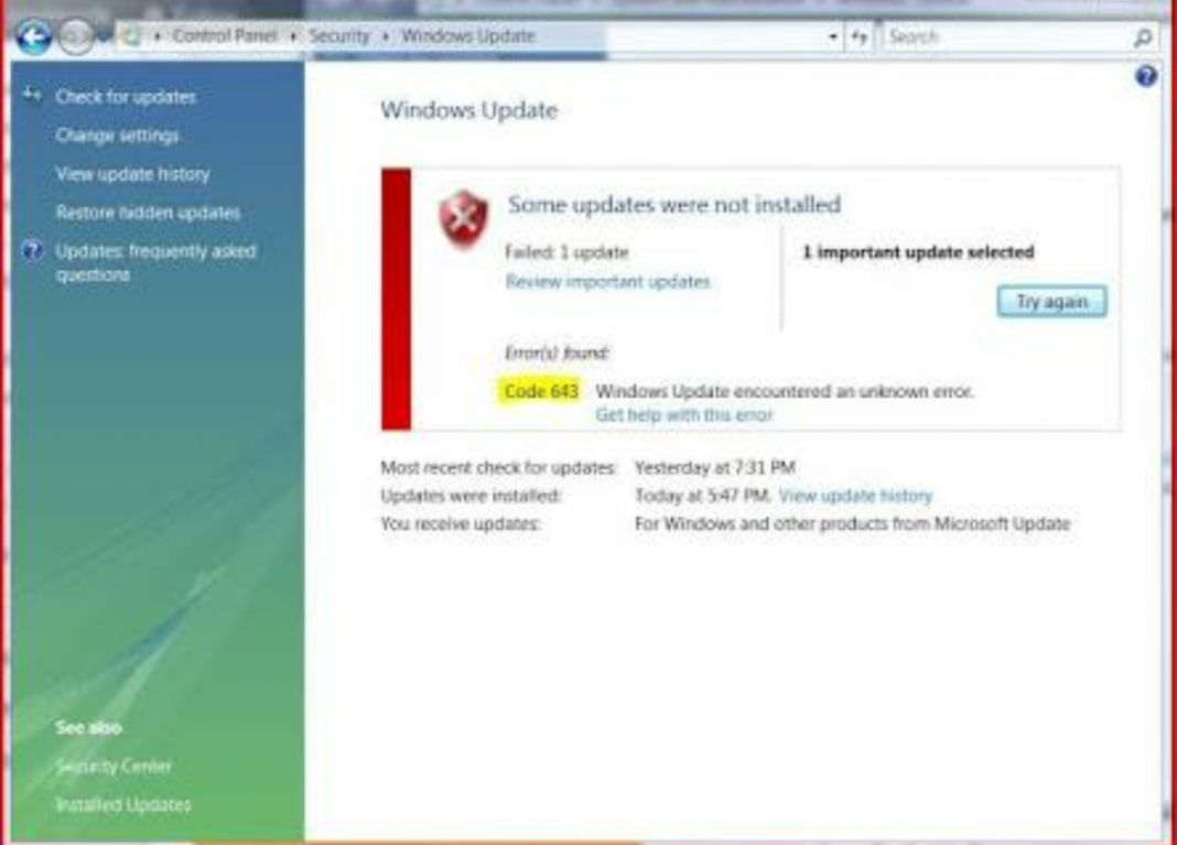 Fixes For Microsoft Update Error Code 643 Error - Techyv.com