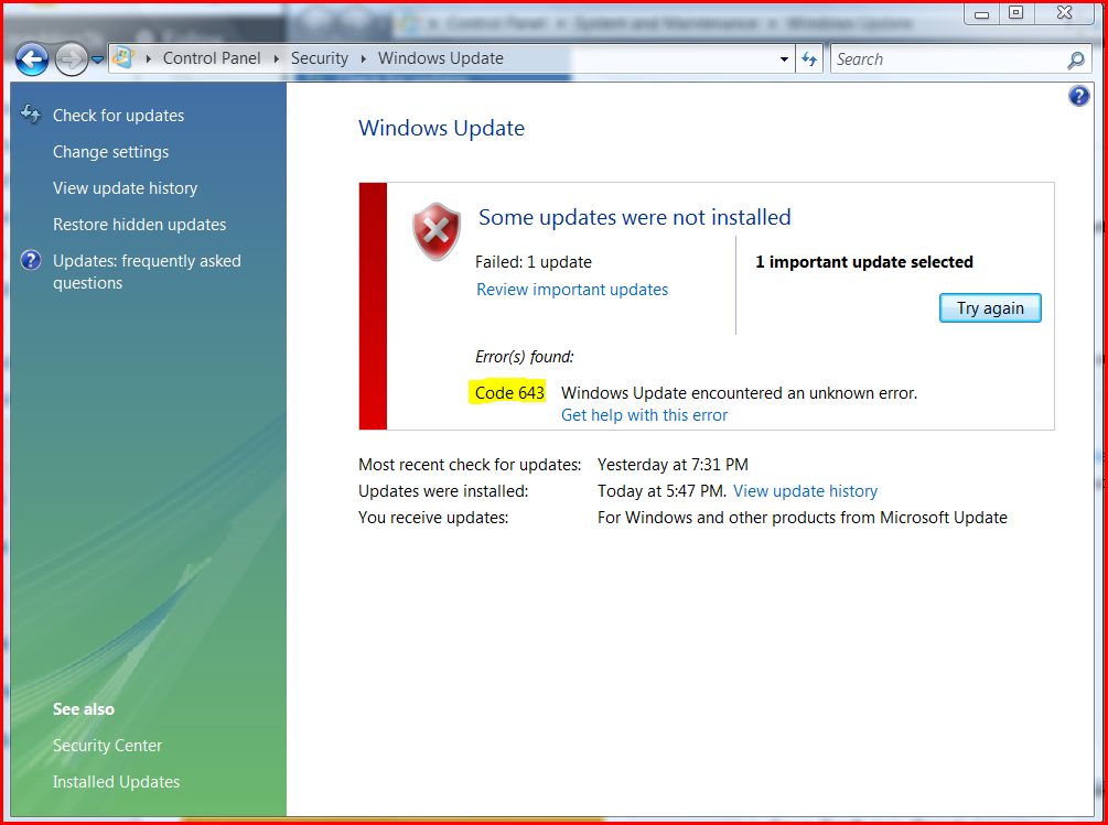 Learn About Windows 7 Update Error 643 In Brief. - Techyv.com