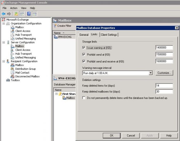 Set Storage Exchange 2010 Mailbox Quota Steps - Techyv.com